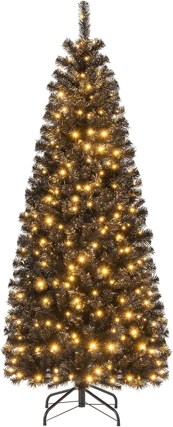 6ft Black Pencil Christmas Tree, Pre-lit Artificial Halloween Tree w ...