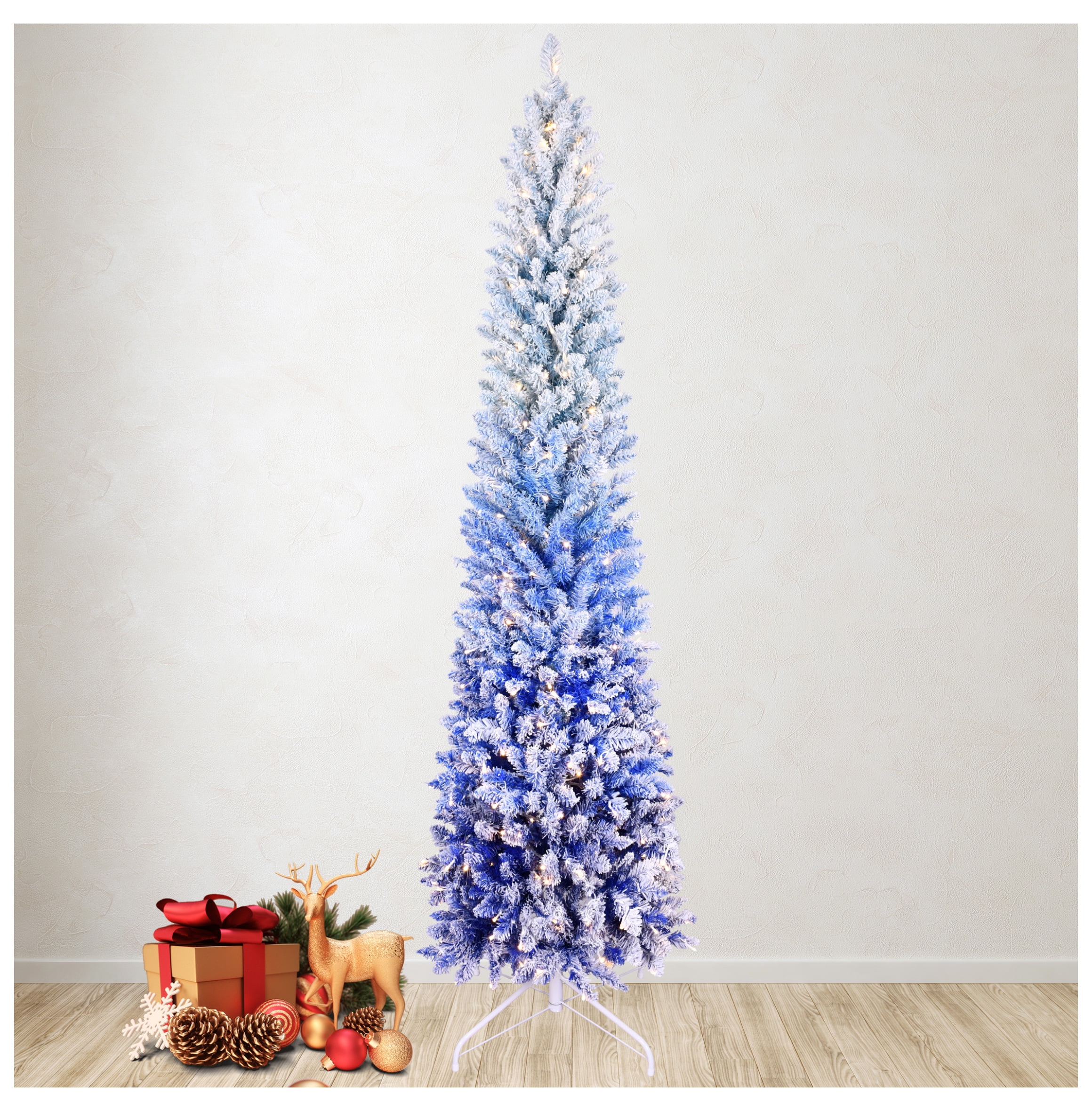 6ft Blue Flocked Pencil Christmas Tree - Prelit with 200 LED Lights ...