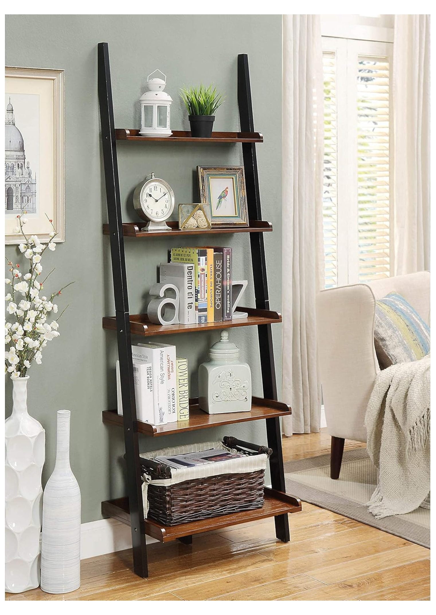 6ft Brown Black Leaning Bookcase Ladder Shelf Wood 5 Tier Bookshelf ...