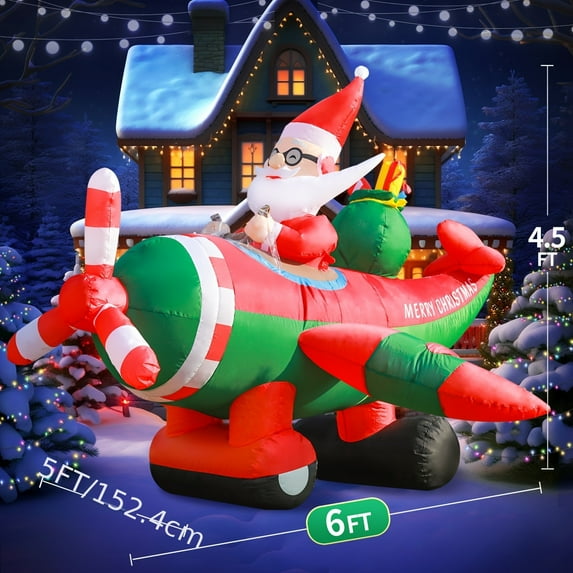 6ft Christmas Inflatable - Santa Claus & Reindeer Driving Airplane ...