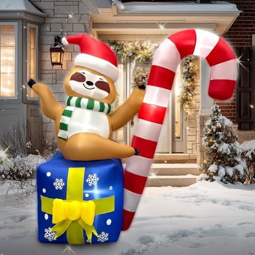 6ft Christmas Inflatable Sloth with Candy Cane Decorations Built-in LED ...