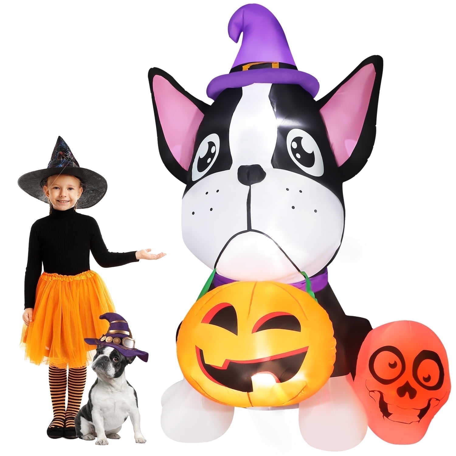 iFanze 10ft Halloween Inflatables, Bulldog with Pumpkin & Ghost Skull ...