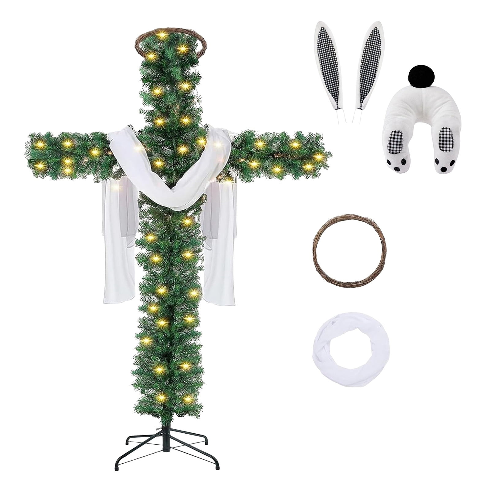 6ft Cross Easter Tree with 100 Lights and a White Silk Scarf Tall ...