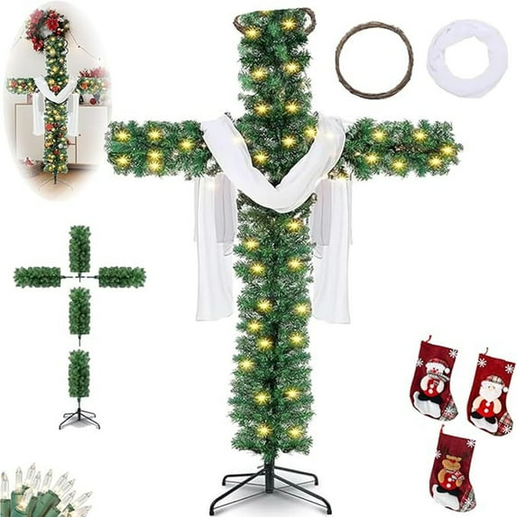 6ft Easter Cross Christmas Tree, Pre-Lit Artificial Pine Tree Indoor ...