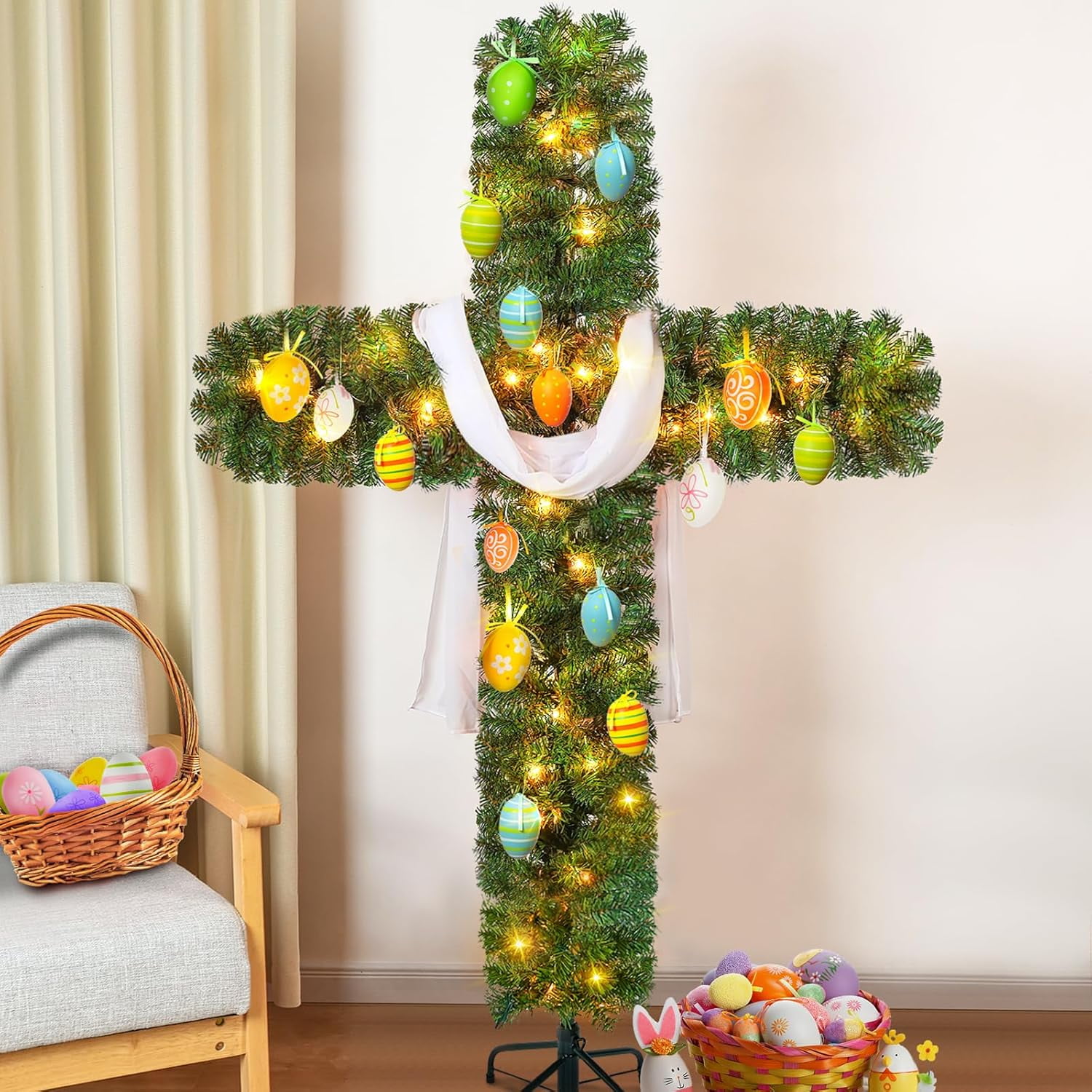 6ft Easter Cross Tree with 100 Lights and a White Silk Scarf Christian ...