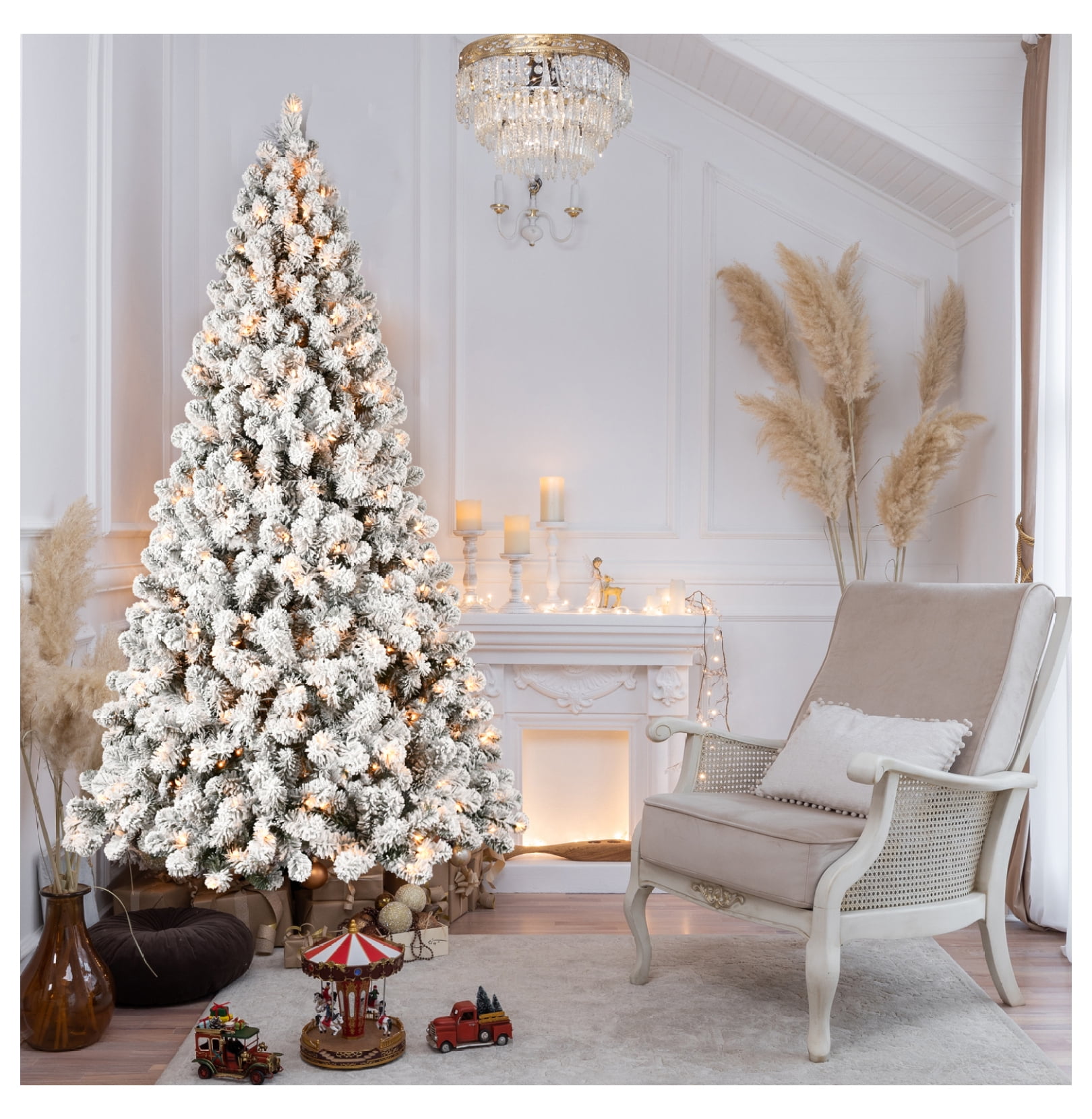 6ft Flocked Pre-Lit Christmas Tree with 300 UL Warm White Lights, 779 ...