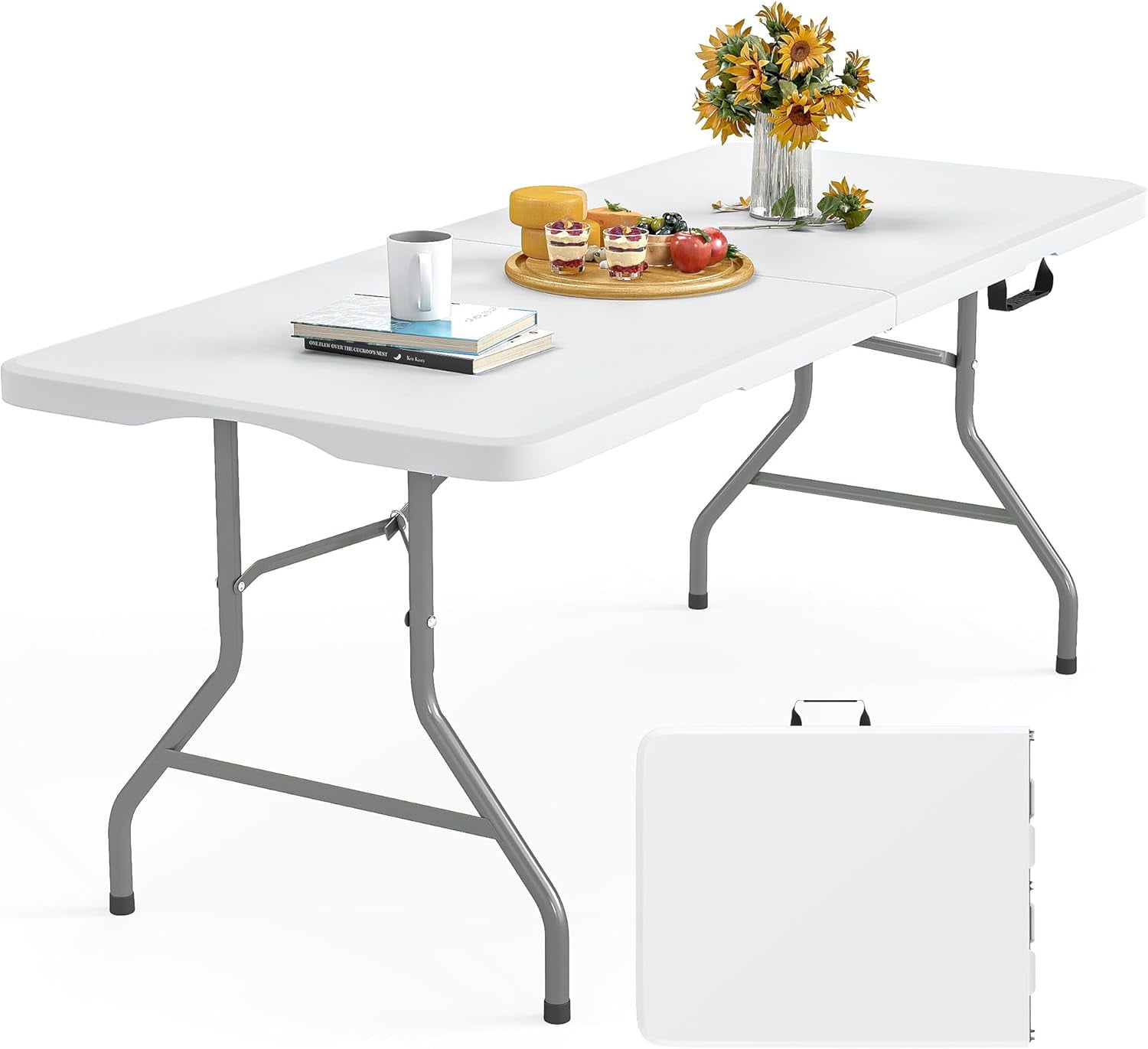 6ft Folding Table with Carrying Handle HDPE Heavy Duty Foldable Table ...