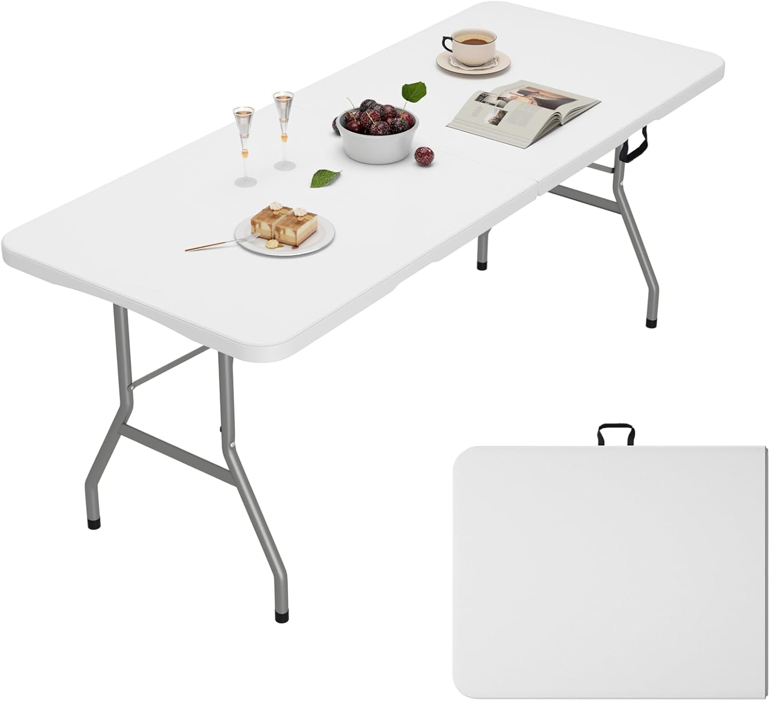 6ft Folding Table, Outdoor Foldable Table with HDPE Tabletop, Safety ...