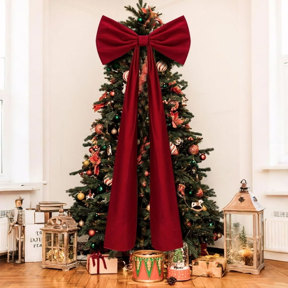 6ft Giant Red Velvet Christmas Bow with Off-White Ribbon, Large Velvet ...