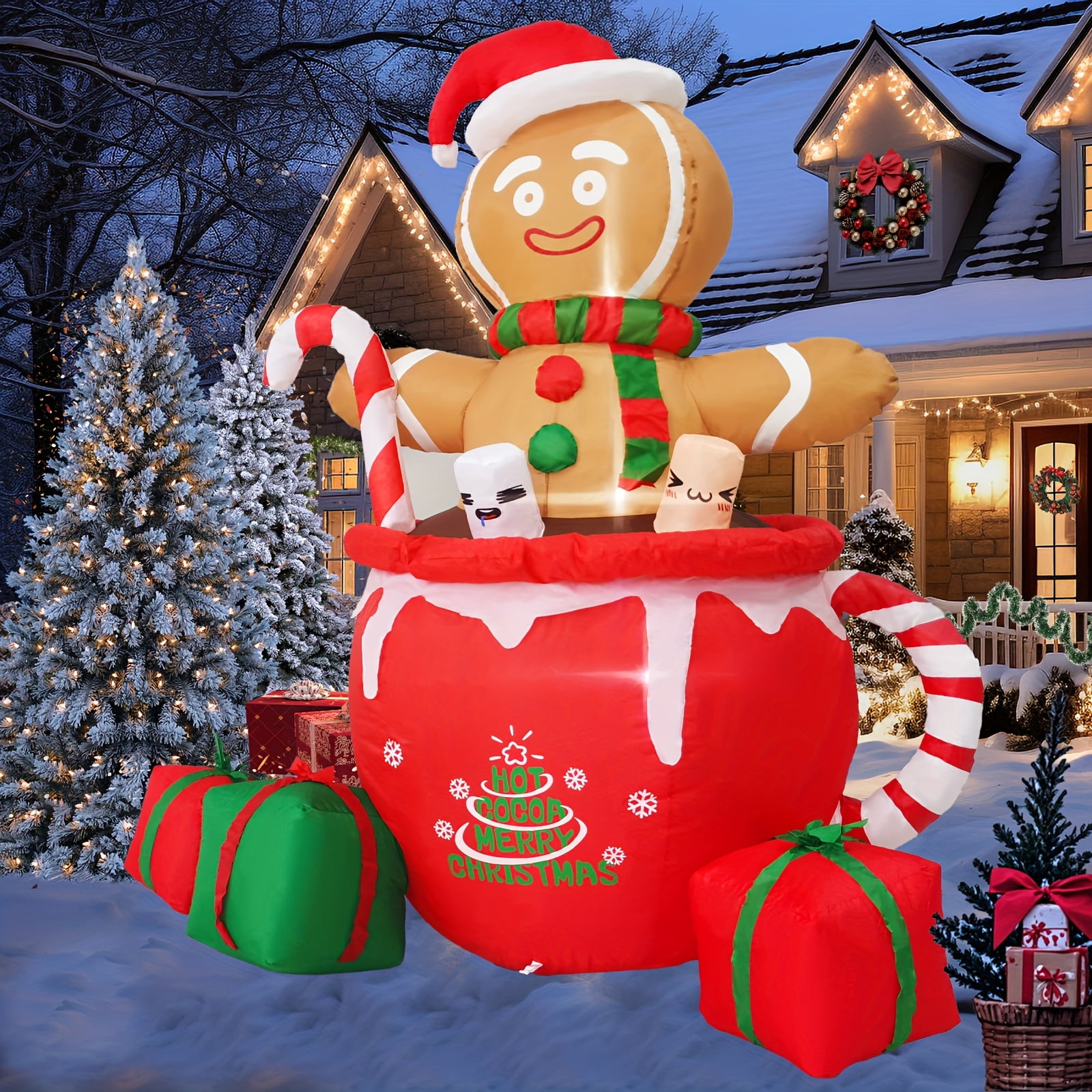 6ft Lighted Gingerbread Man Inflatable - Built-in LEDs Candy Cane Motif ...