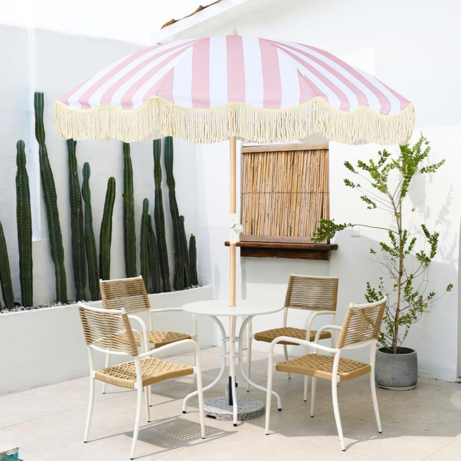 6ft Outdoor Boho Umbrella With Tassels Pink And Striped Patio Umbrella ...