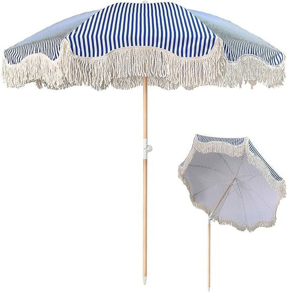 6ft Patio Umbrella with Fringe Blue And White Stripe Pool Umbrella ...