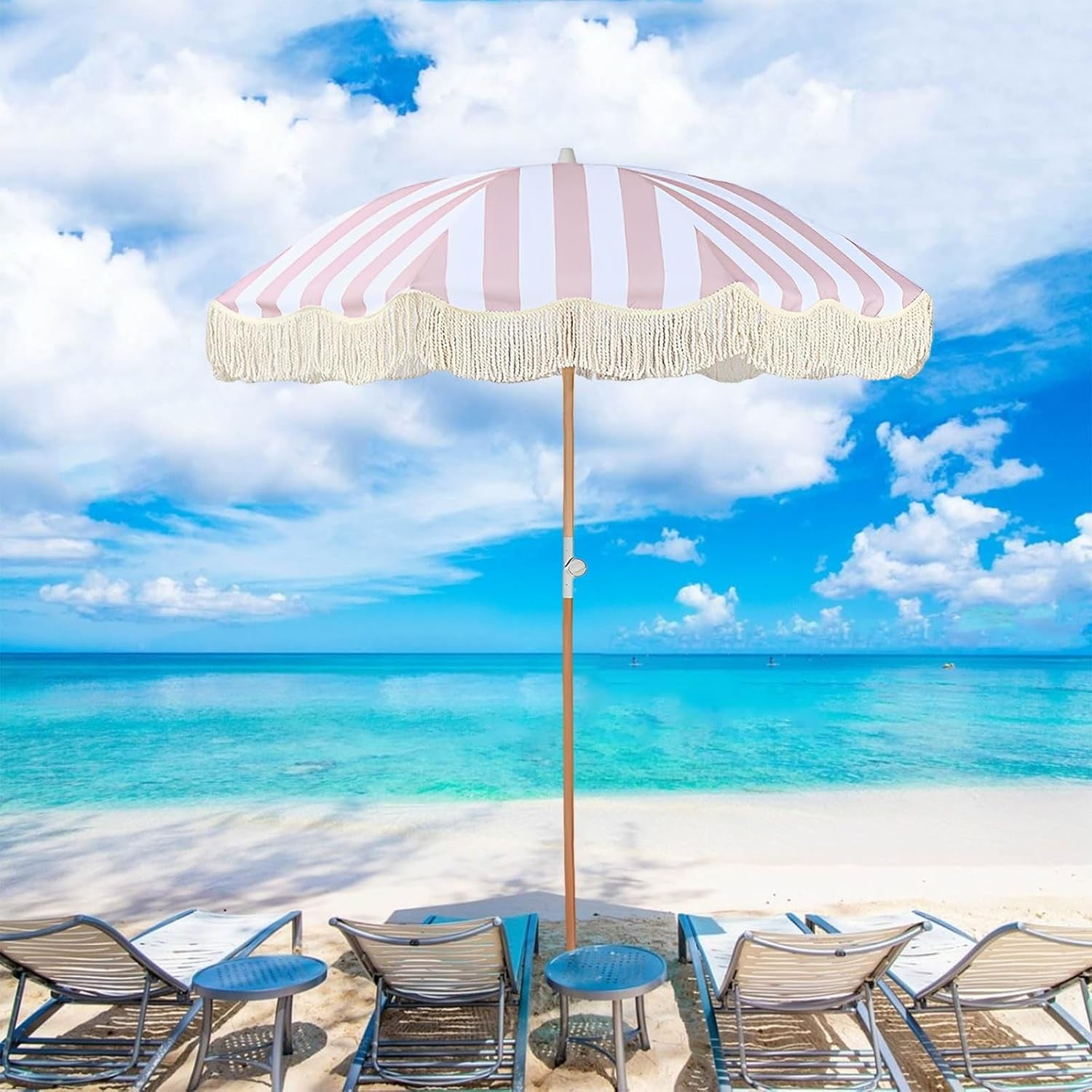 6ft Patio Umbrella With Fringe,Pink,Boho Beach,Beach Umbrellas For Sand ...