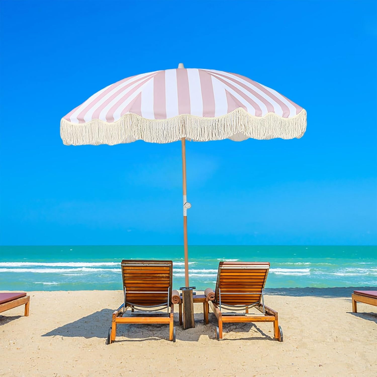 6ft Pink Beach Umbrella with Fringe Boho Portable Outdoor Umbrella UV ...