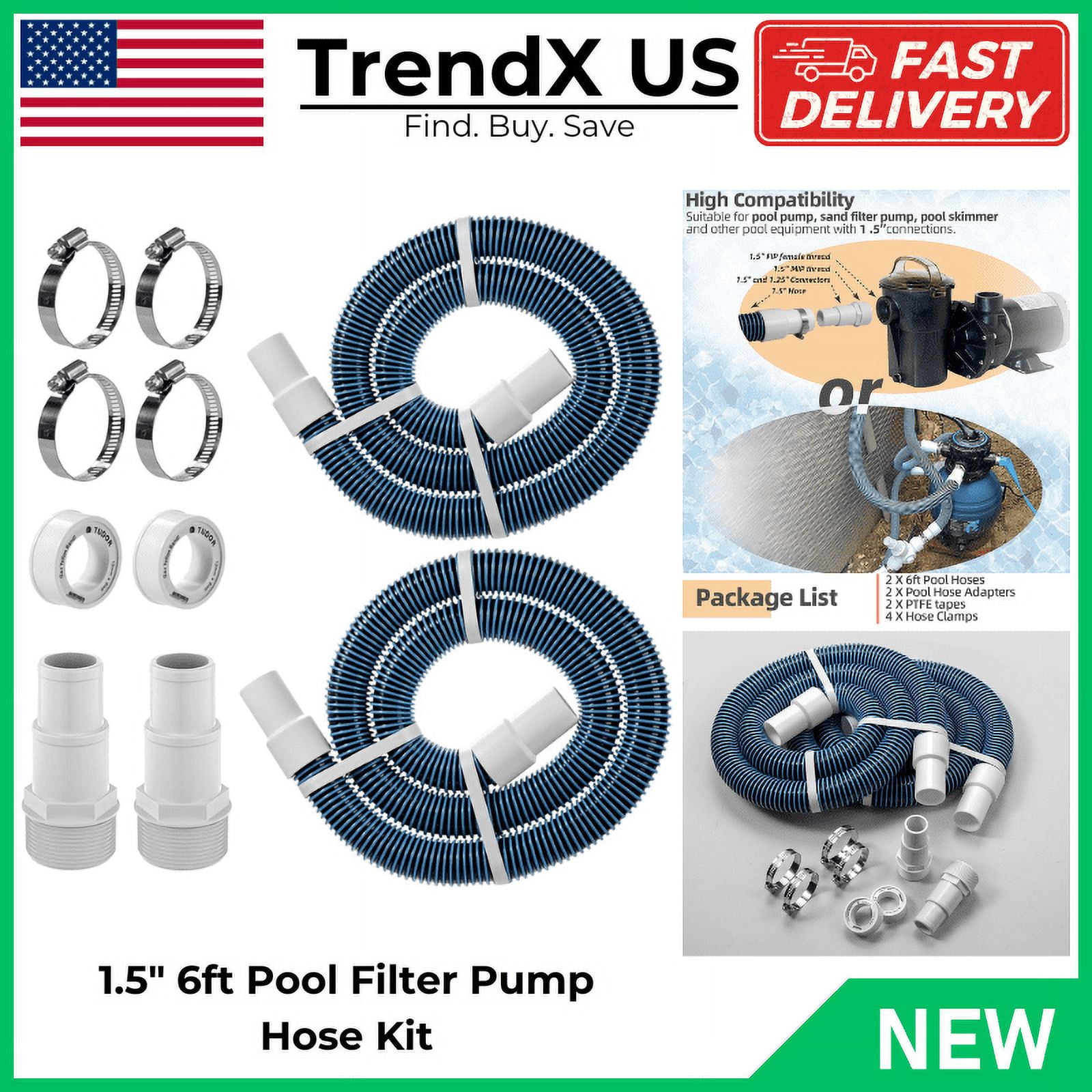 6ft Pool Filter Pump Hose Kit for Above Ground Swimming Pools Vacuum ...