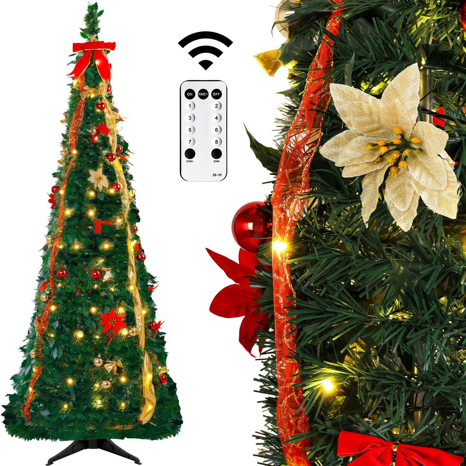6ft Pop Up Prelit Christmas Tree with Remote, Collapsible pre lit ...