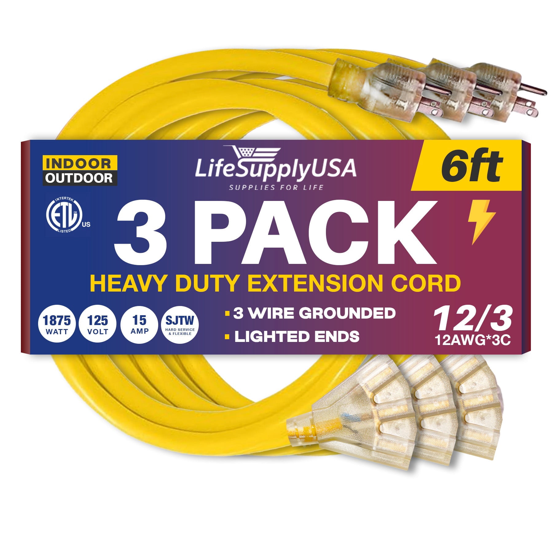 6ft Power Outdoor Extension Cord & Indoor - Waterproof Electric Drop ...
