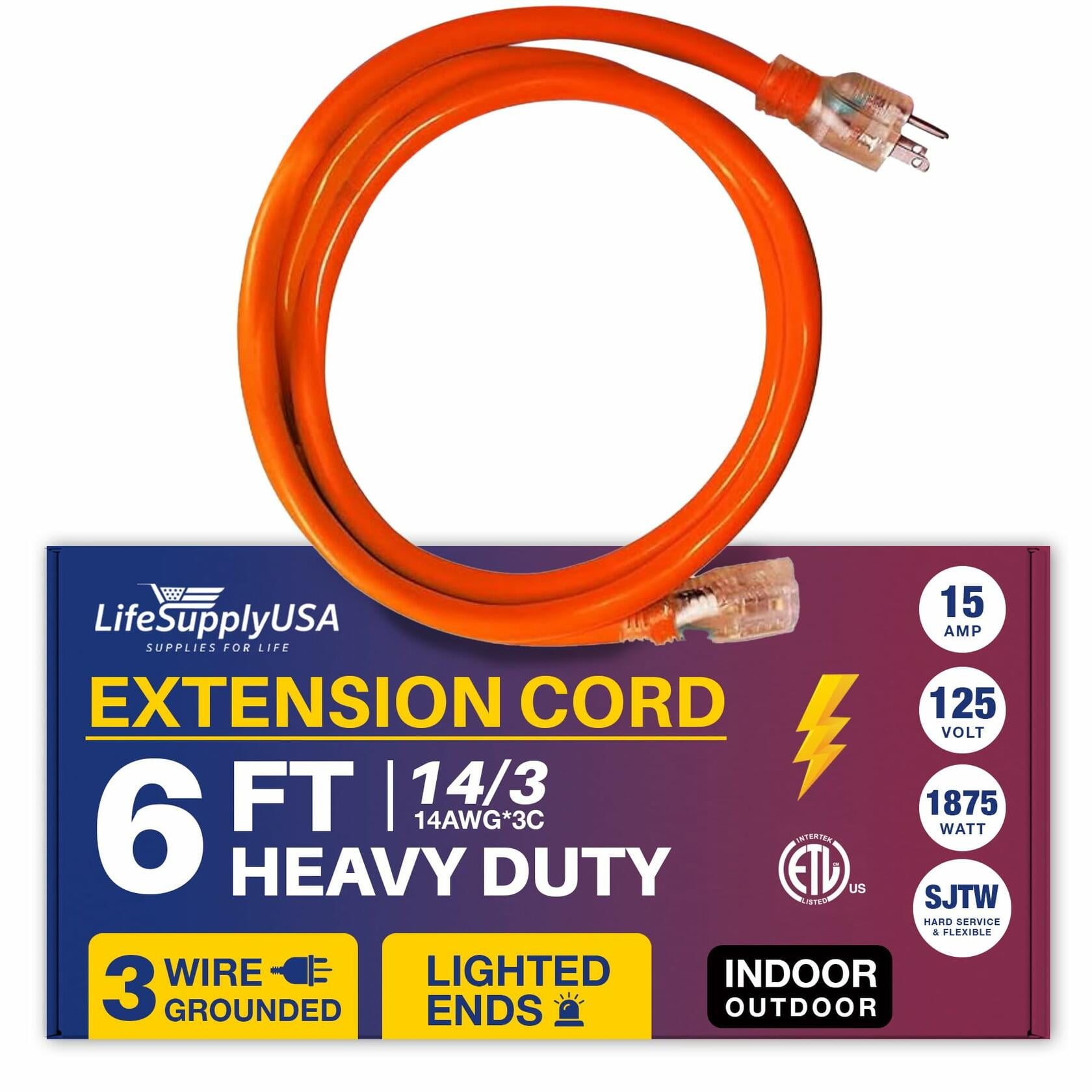 6ft Power Outdoor Extension Cord & Indoor - Waterproof Electric Drop ...