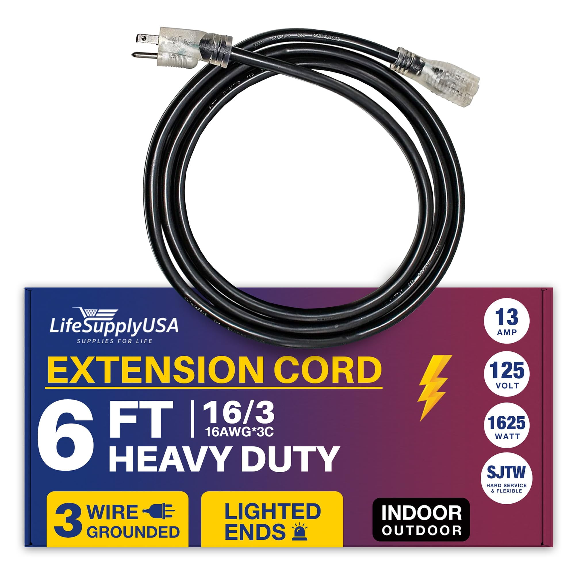 6ft Power Outdoor Extension Cord & Indoor - Waterproof Electric Drop ...
