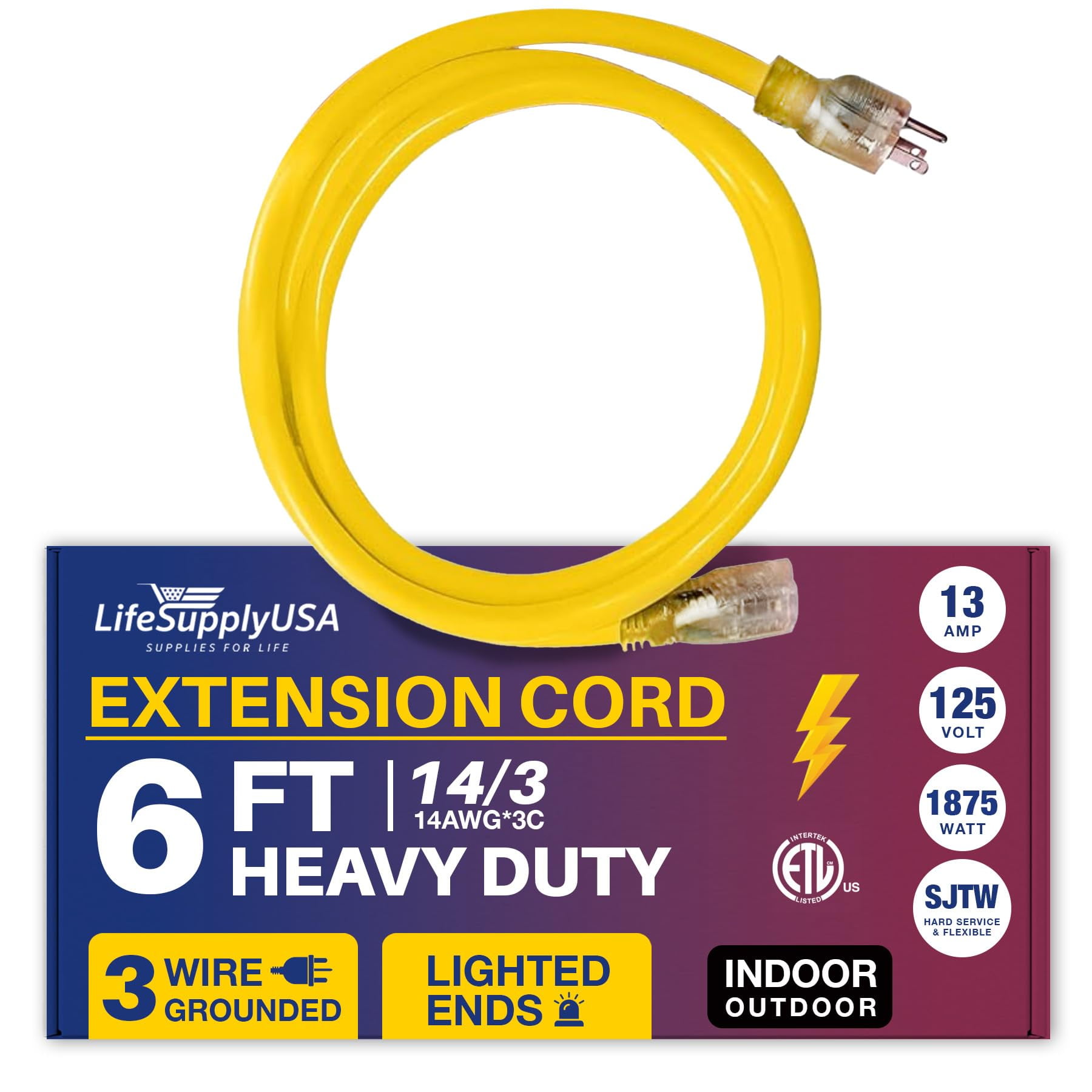 6ft Power Outdoor Extension Cord & Indoor - Waterproof Electric Drop ...
