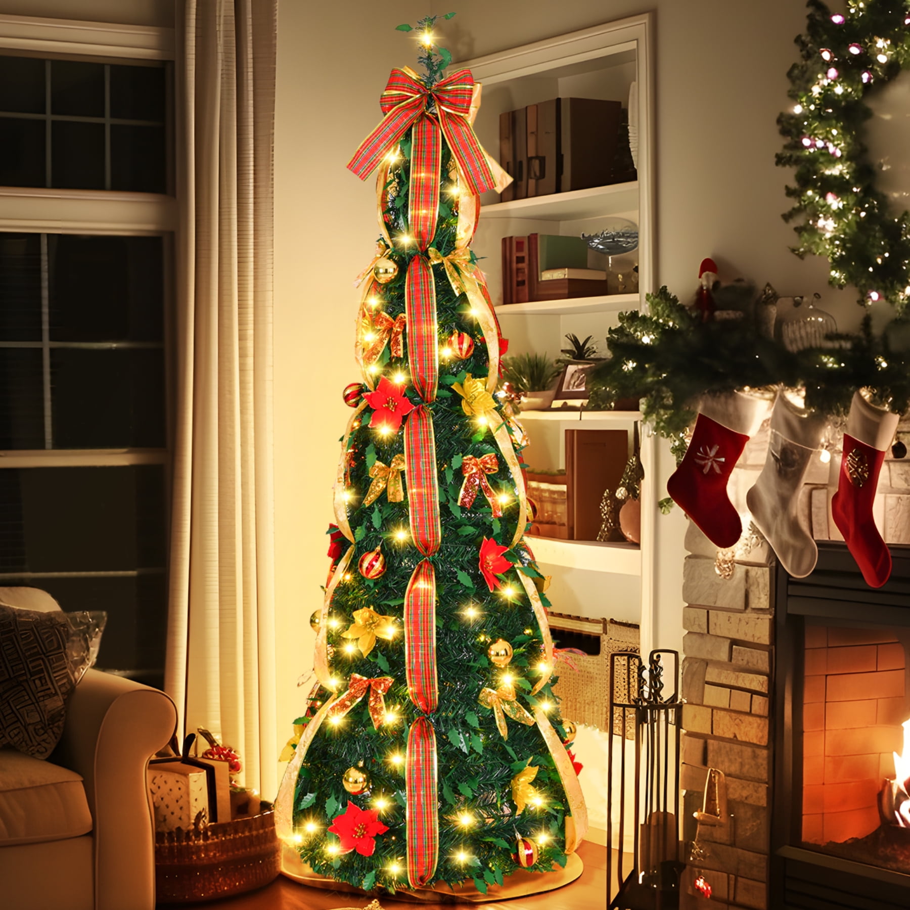 6ft Pre-Decorated Pop Up Christmas Tree Pre-lit 150 LED 8 Modes ...