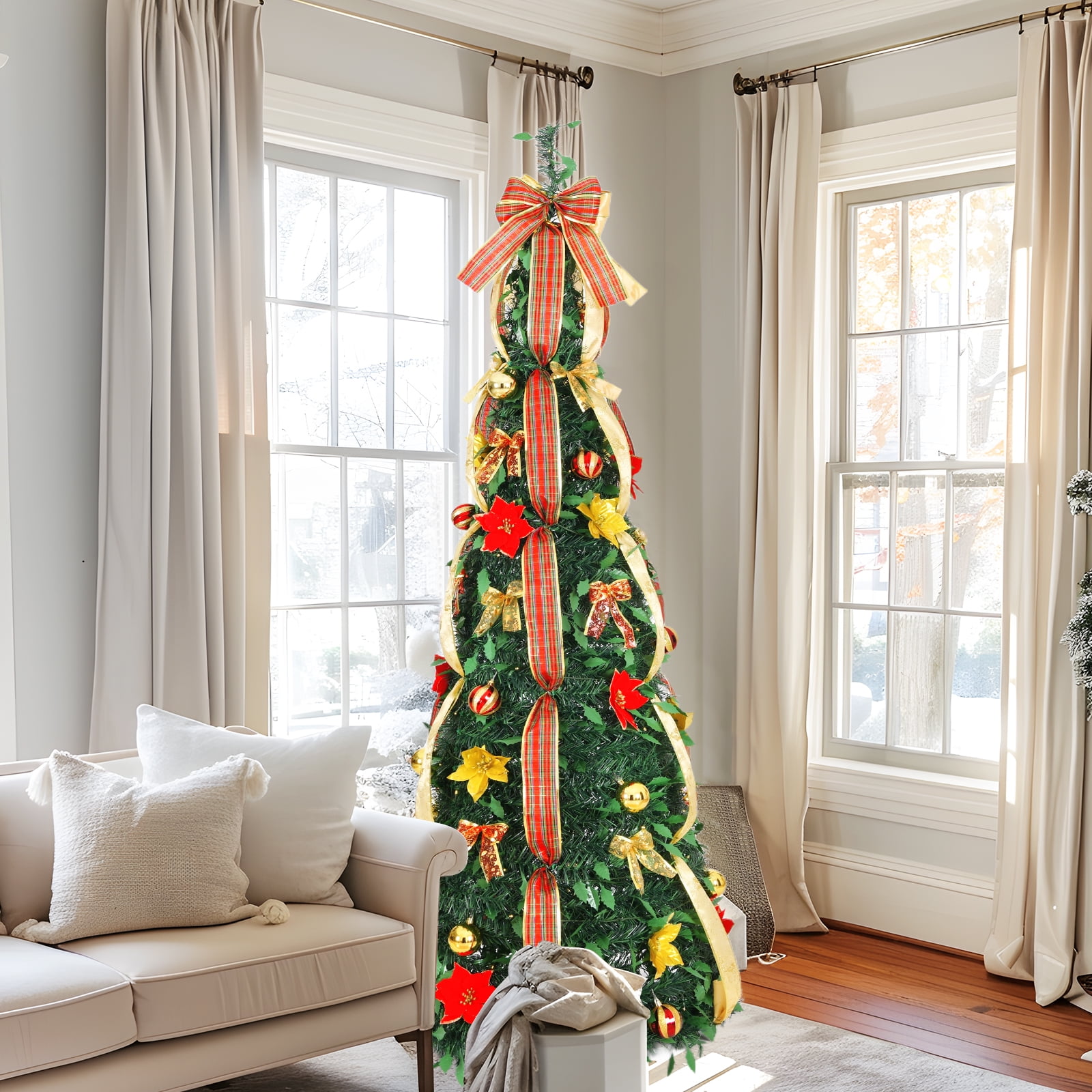 6ft Prelit Pop Up Christmas Tree 150 LED 8 Modes Pre-Decorated ...