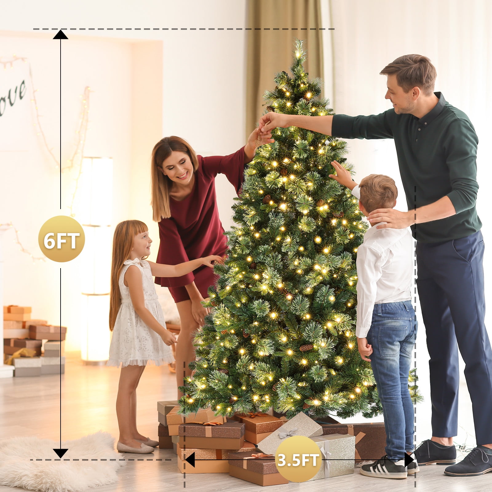 6ft Pre-Lit Artificial Christmas Tree with 500 Warm LED Lights, 9 ...