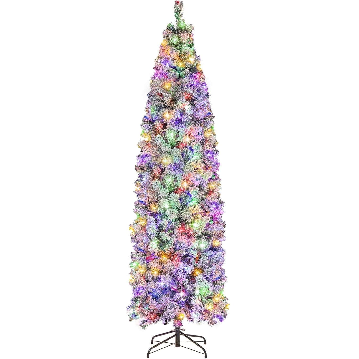 6ft Pre-Lit Artificial Pencil Christmas Tree with 506 Snow Flocked ...