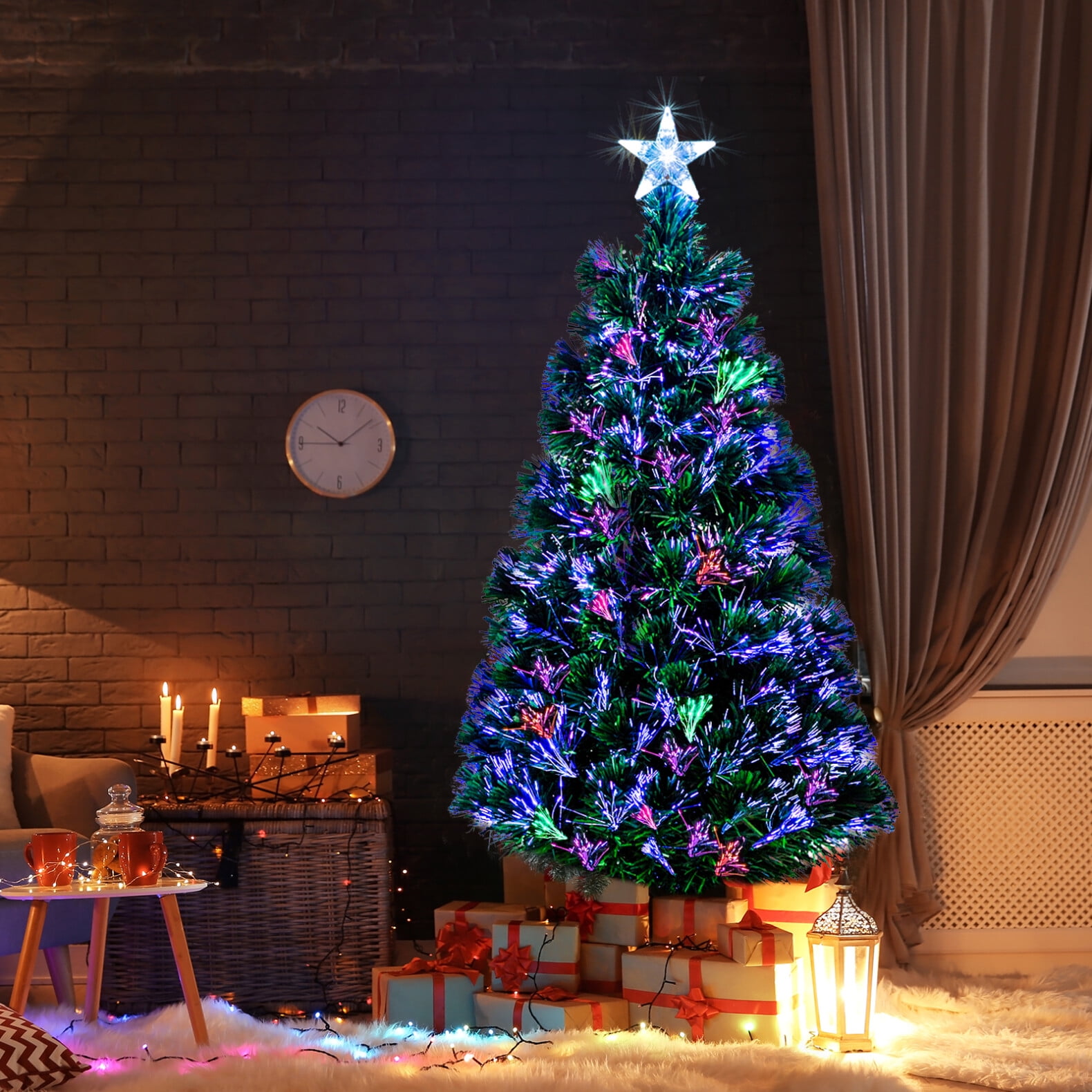 6ft Pre-Lit Fiber Christmas Tree with Snowflakes, 36 LED RGB Lights ...