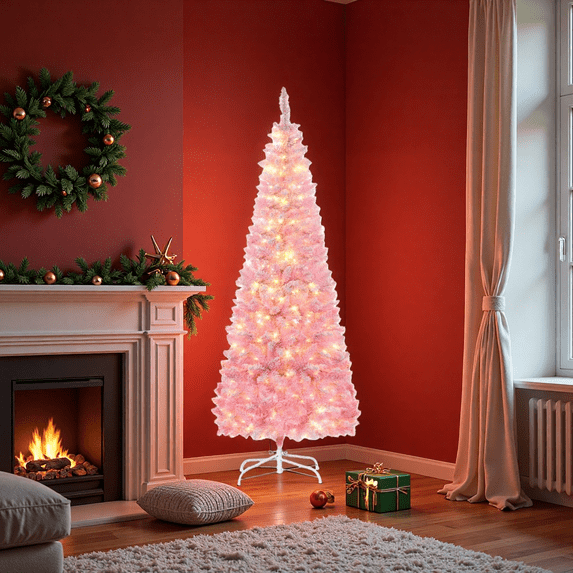 6ft Pre-Lit Snow Flocked Christmas Tree – Pink/White Pencil Shape, Auto ...
