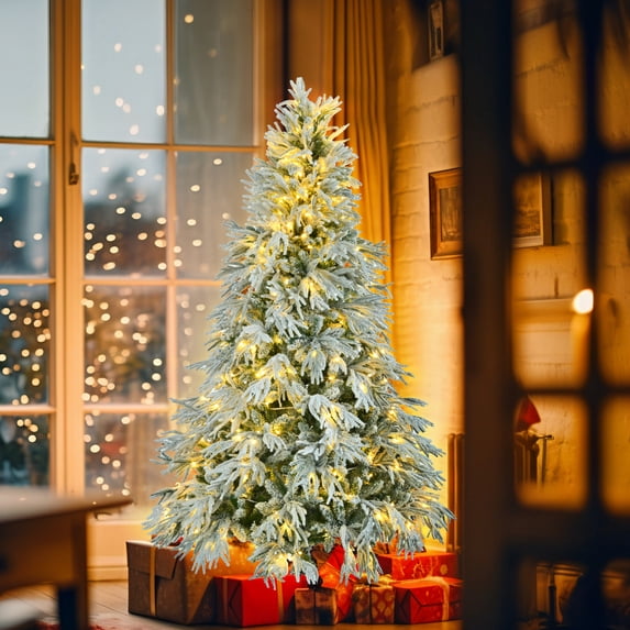 6ft Pre-Lit Spruce Snow Flocked Christmas Tree,Artificial Hinged Xmas ...