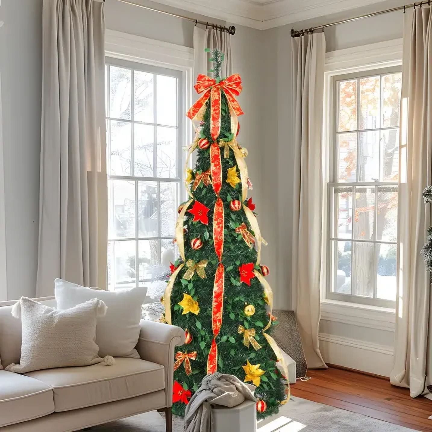 6ft Prelit Pop Up Christmas Tree 150 LED 8 Modes Pre-Decorated ...