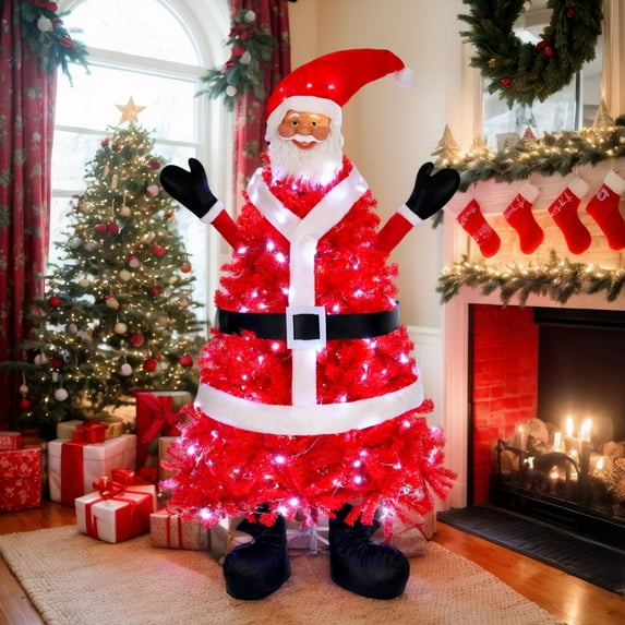 6ft Pre-lit Red Christmas Tree, Santa Claus Style Christmas Tree w/ 250 ...