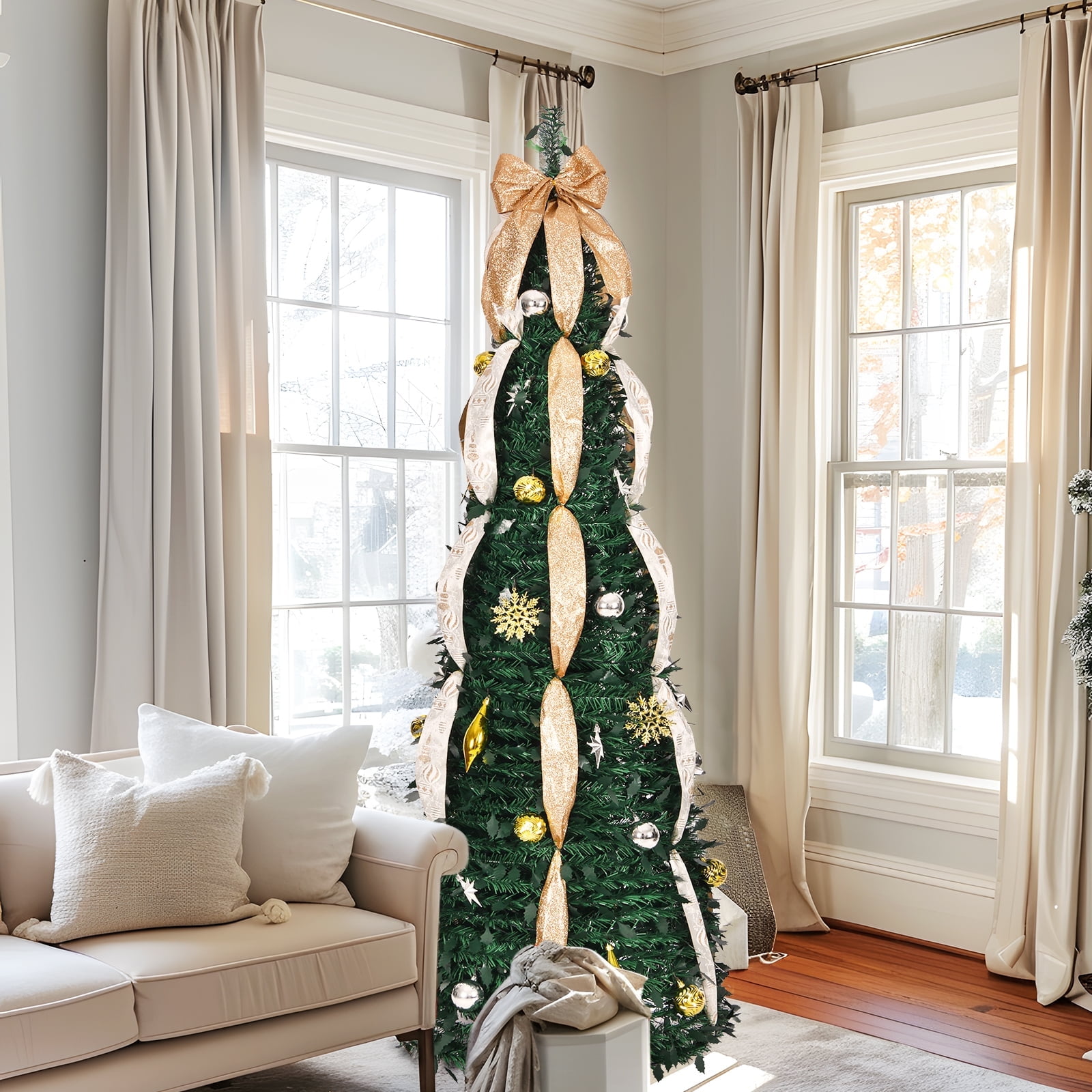 6ft Prelit Pop Up Christmas Tree 150 LED 8 Modes Pre-Decorated ...