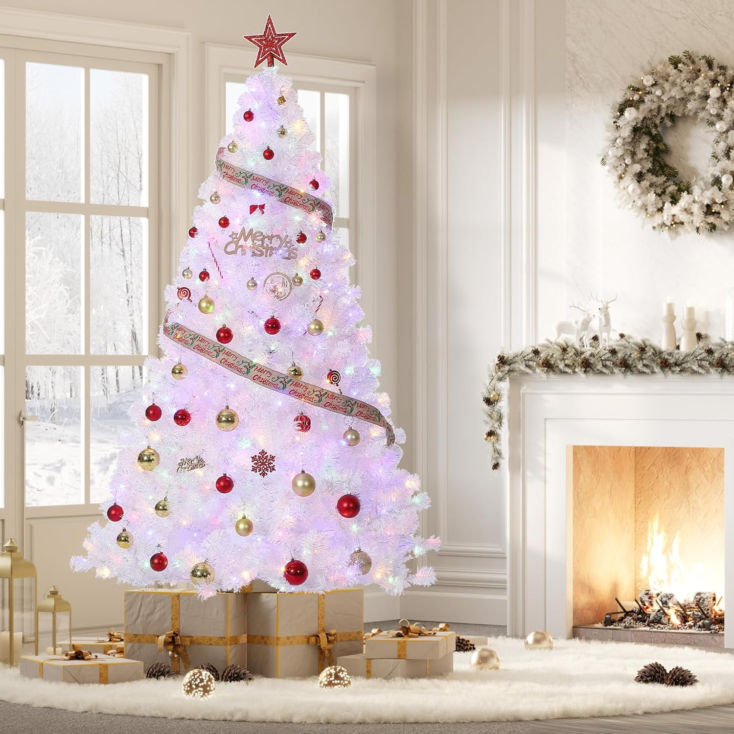 6ft Prelit White Artificial Christmas Tree with Warm White LED Lights ...