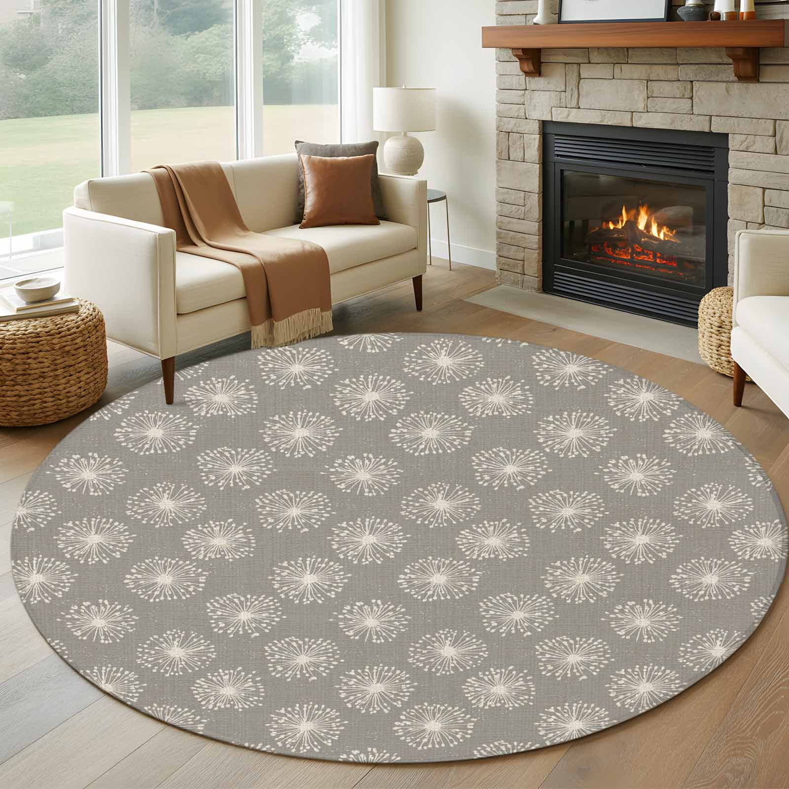 6ft Round Rug, Beige Gray Dandelion Non-Skid Rubber Backing Large Area ...