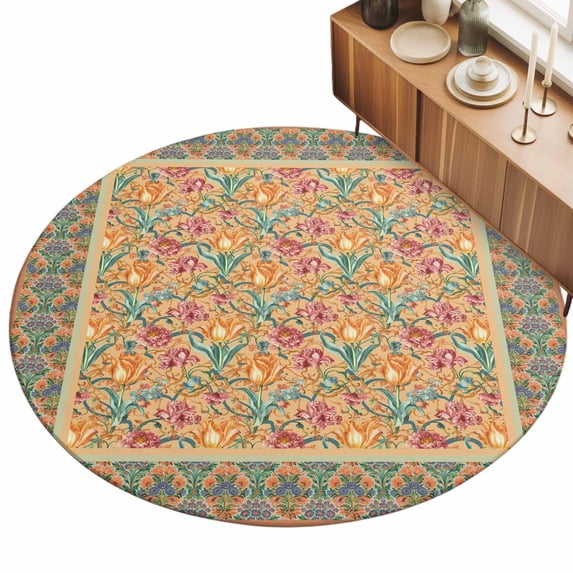 6ft Round Rug Beige Red Floral Boho Area Rugs for Living Room Bedroom ...