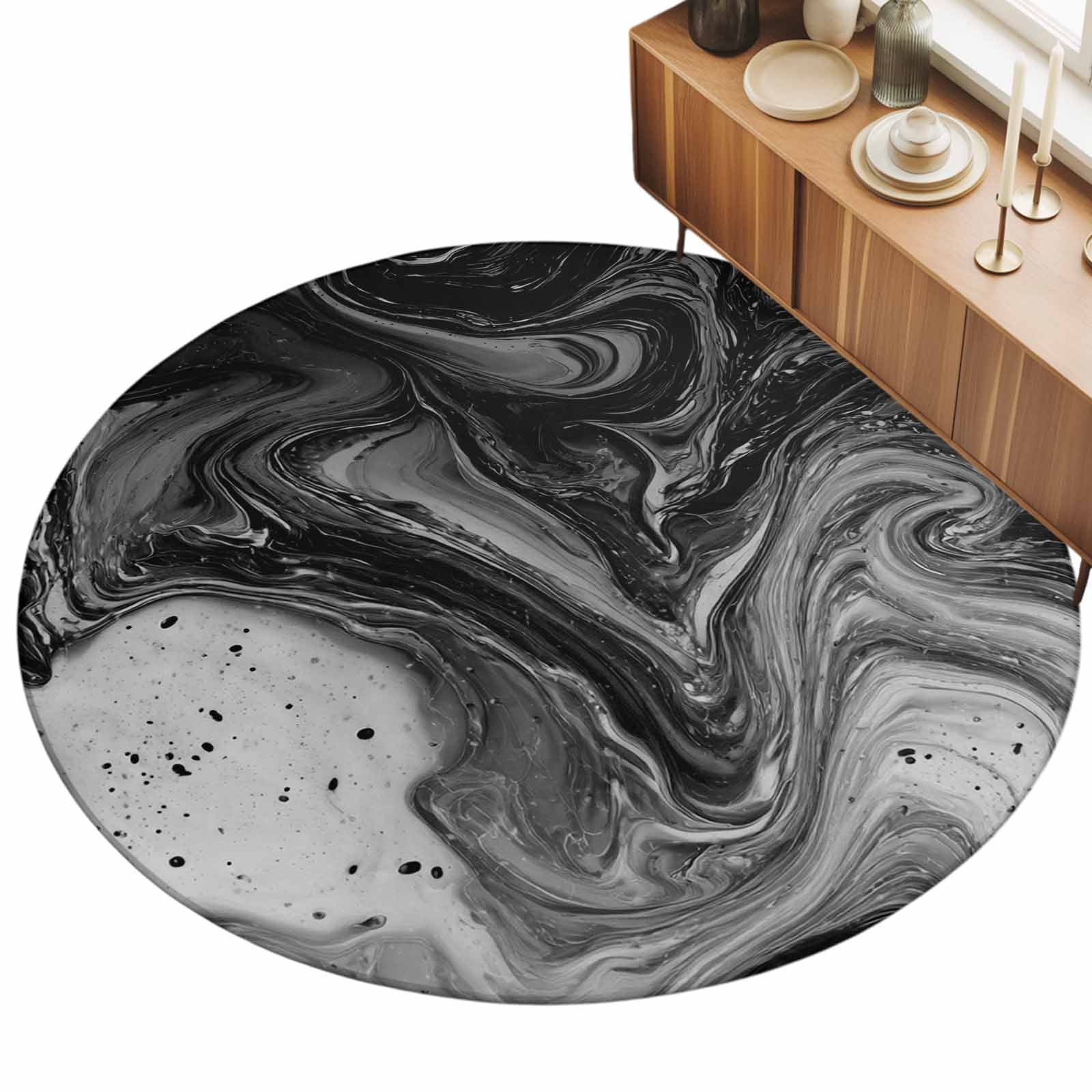 6ft Round Rug Black Marble Area Rugs for Living Room Bedroom Washable ...