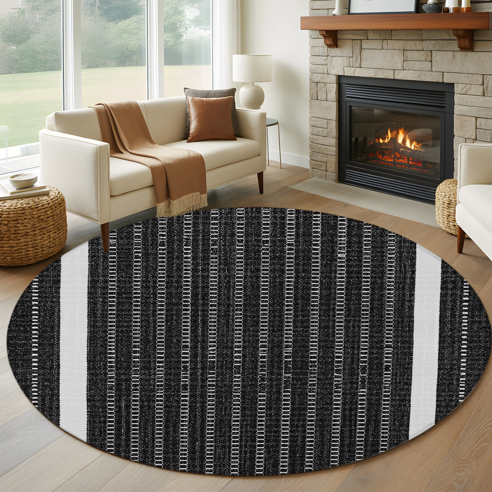 6ft Round Rug, Black Striped Non-Skid Rubber Backing Large Area Rugs ...