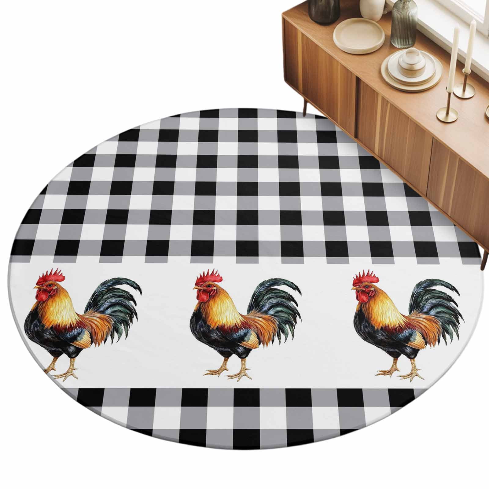 6ft Round Rug Black White Plaid Rooster Area Rugs for Living Room ...