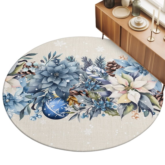 6ft Round Rug Blue Christmas Poinsettia Area Rugs for Living Room ...