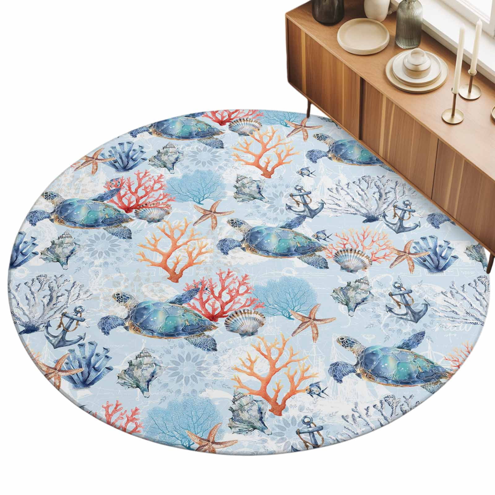 6ft Round Rug Blue Ocean Area Rugs for Living Room Bedroom Washable Non ...