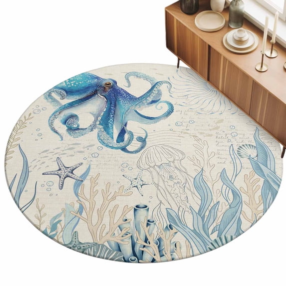 6ft Round Rug Blue Octopus Coastal Area Rugs for Living Room Bedroom ...