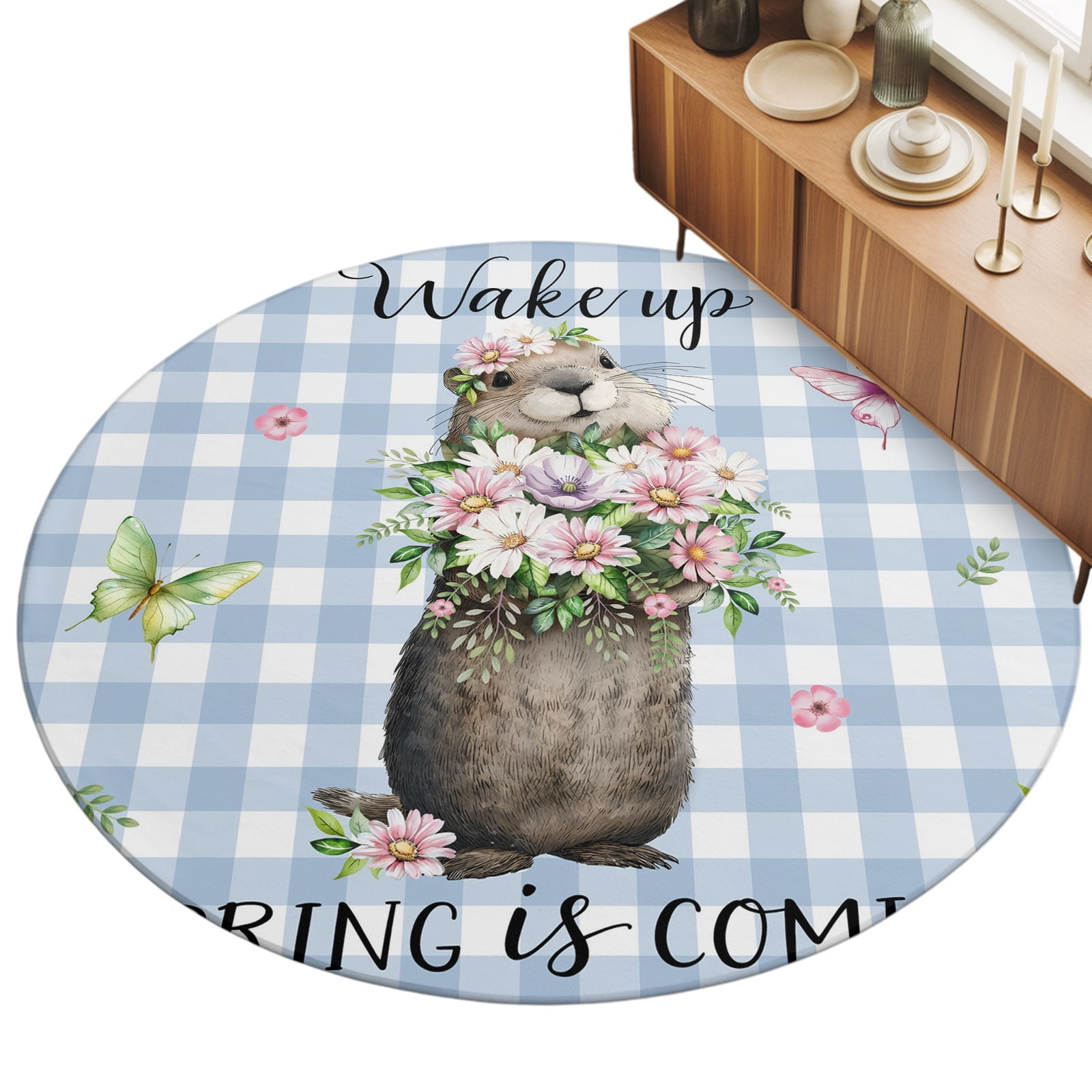 6ft Round Rug Blue Plaid Groundhog Area Rugs for Living Room Bedroom ...