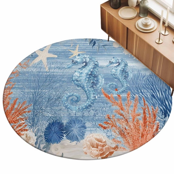 6ft Round Rug Blue Red Seahorse Coastal Area Rugs for Living Room ...