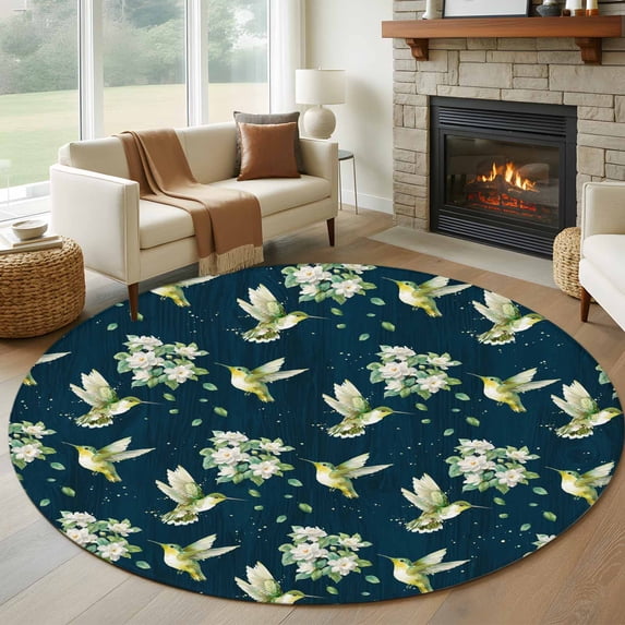 6ft Round Rug, Blue Summer Botanical Non-Skid Rubber Backing Large Area ...