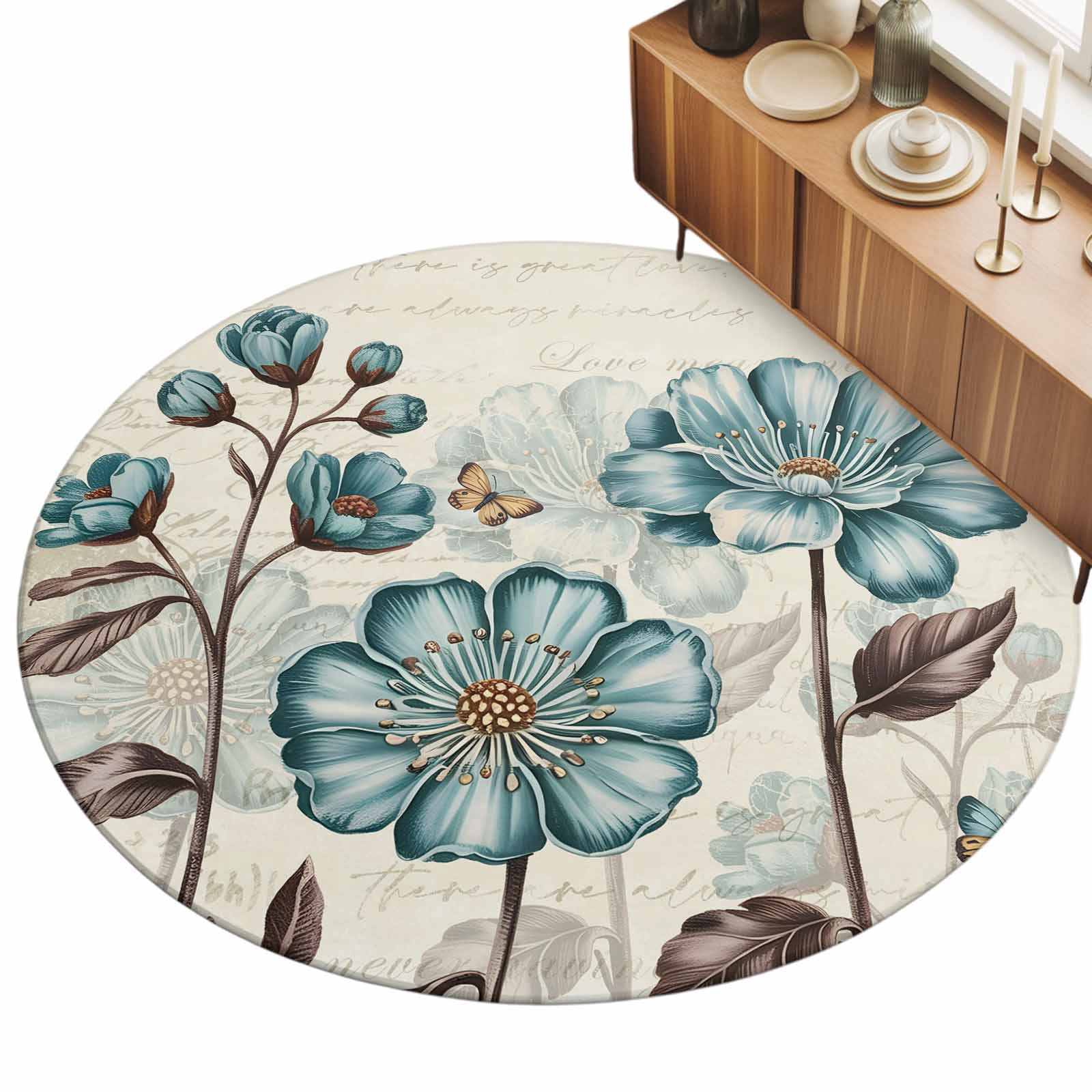6ft Round Rug Blue Tulip Area Rugs for Living Room Bedroom Washable Non ...