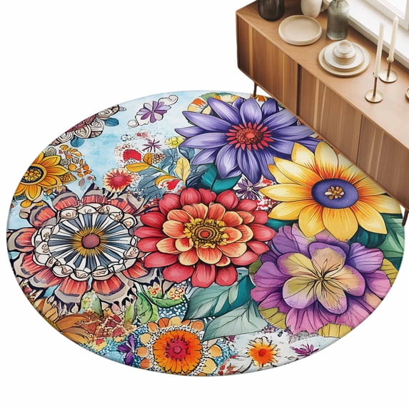 6ft Round Rug Boho Flowers Area Rugs for Living Room Bedroom Washable ...