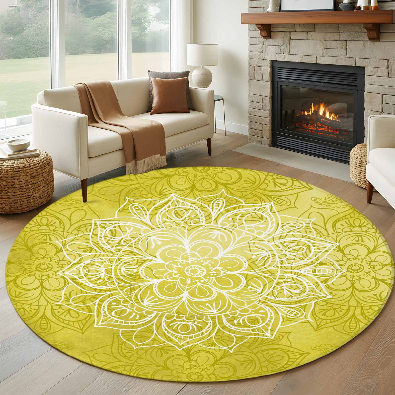 6ft Round Rug, Boho Flowers Non-Skid Rubber Backing Large Area Rugs ...