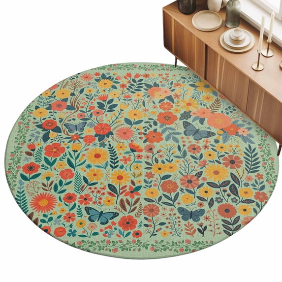 6ft Round Rug Boho Green Flowers Area Rugs for Living Room Bedroom ...